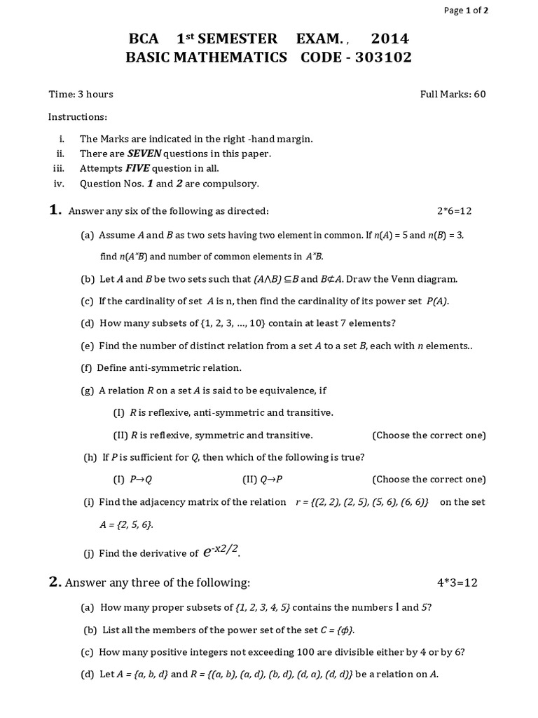 Bca 1 Sem Basic Mathematics 2014 | PDF
