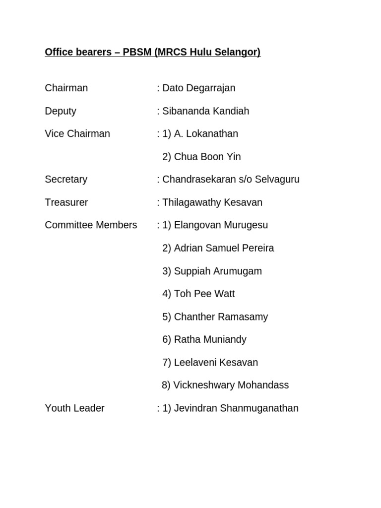 Office Bearers PBSM (MRCS Hulu Selangor) | PDF