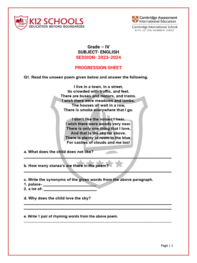 Grade 4 English PROGRESSION SHEET 2. | PDF | Poetry