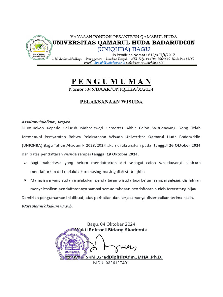 Pengumuman Wisuda UNIQHBA 2024 | PDF