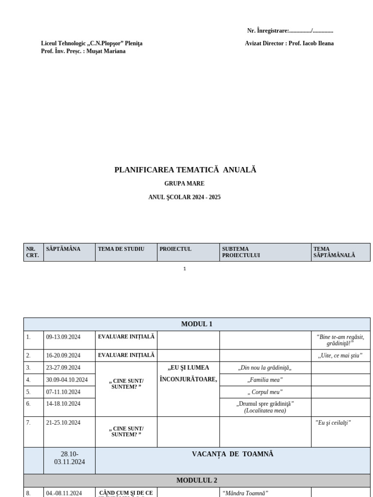 Planificare Anuală+ Săptămânală+ Proiect Tematic | PDF