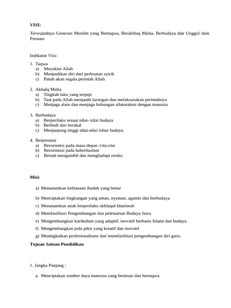 Visi, Misi, Tujuan Tk Aba Al Iman | PDF