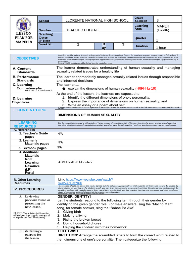 Q1 COT - MAPEH 8 - Health 8 (Dimensions of Human Sexuality) | PDF | Learning | Teachers