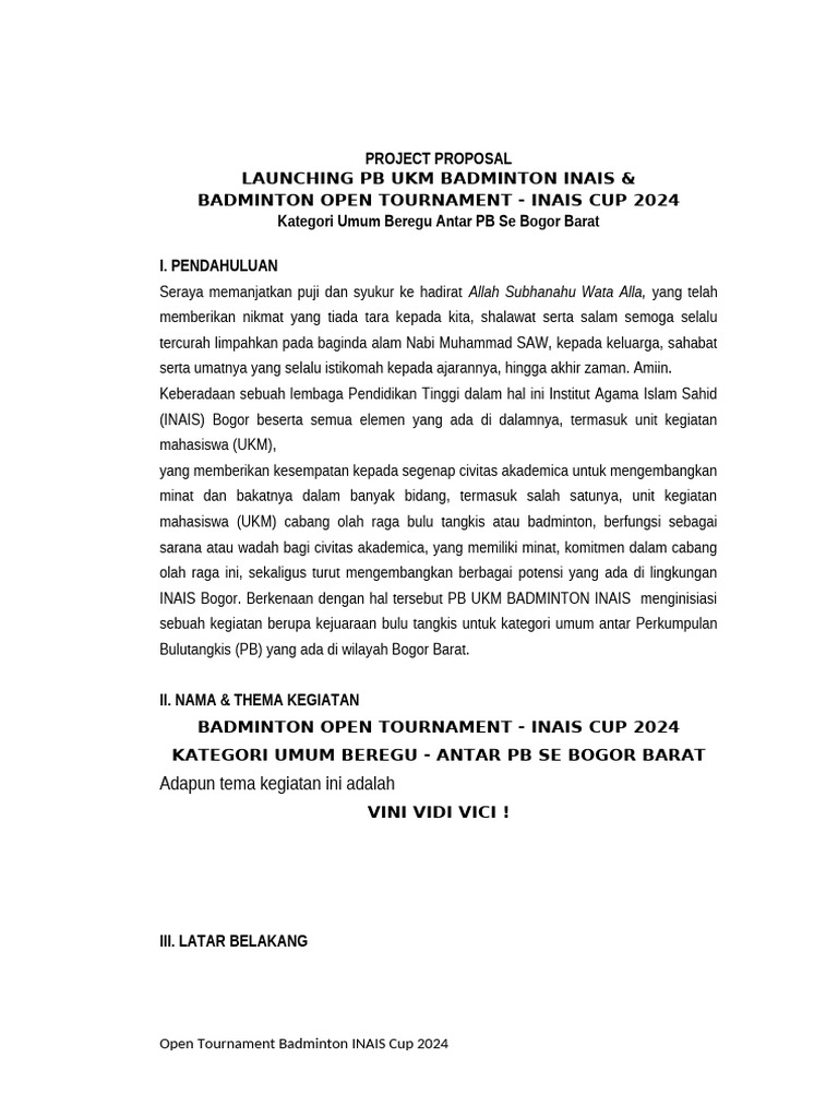 Proposal Open Tournamen Badminton Inais Cup 2024 | PDF | Olahraga & Rekreasi