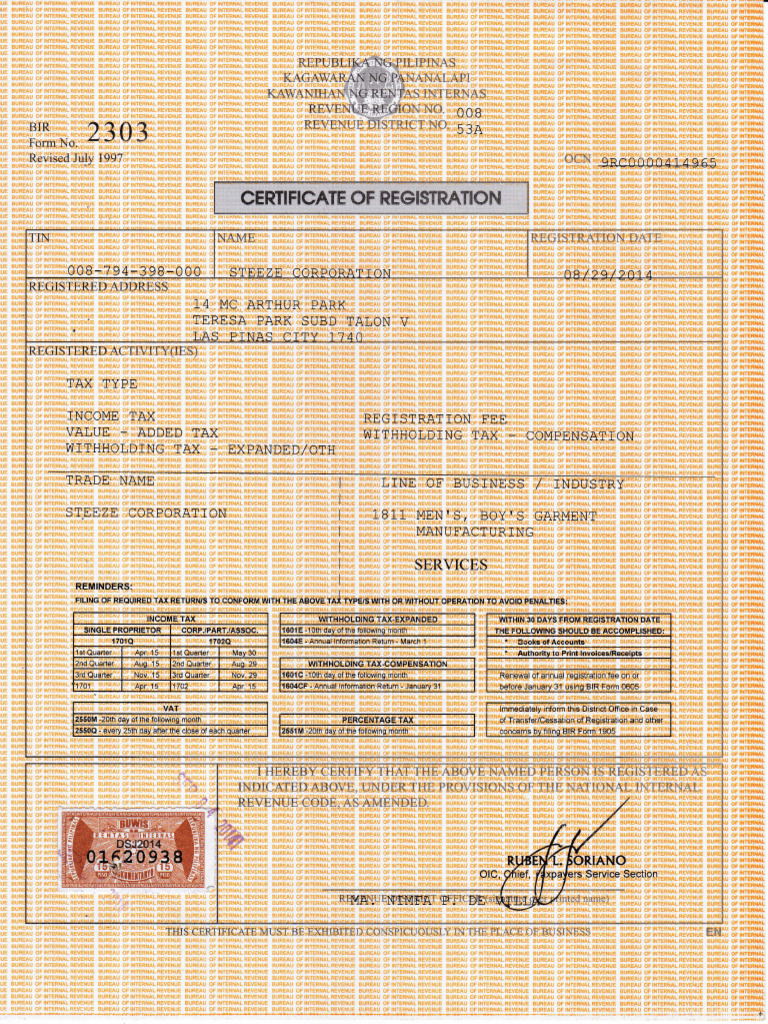 Steeze Corporations BIR Form 2303 | PDF
