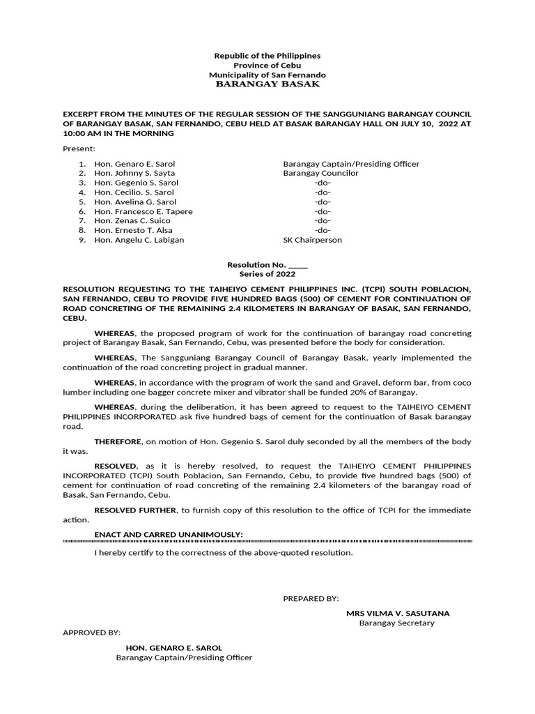 Taiheiyo Resolution Requesting 500 Bags of Cement | PDF