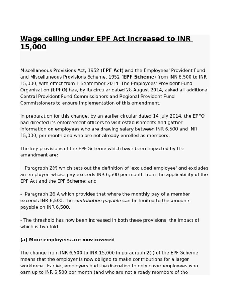 Wage Ceiling Under EPF Act Increased To INR 15 | PDF | Factor Income ...