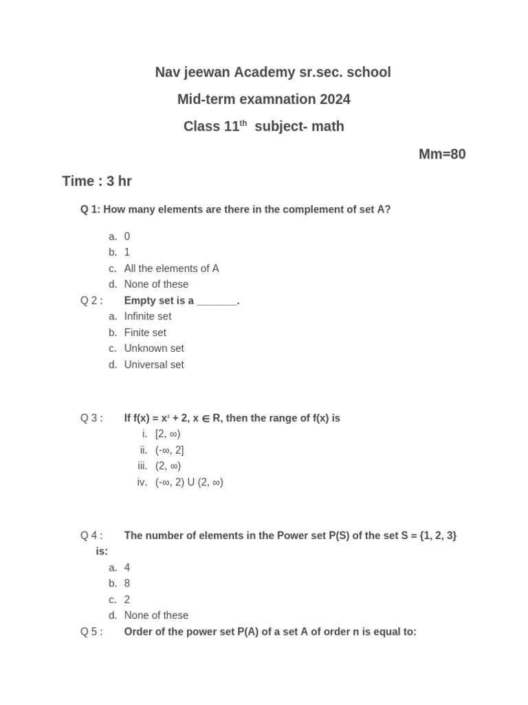 Class 11 Mid Term Exam | PDF