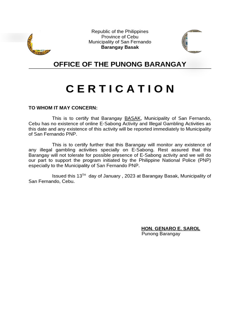E Sabong Certification Template | PDF