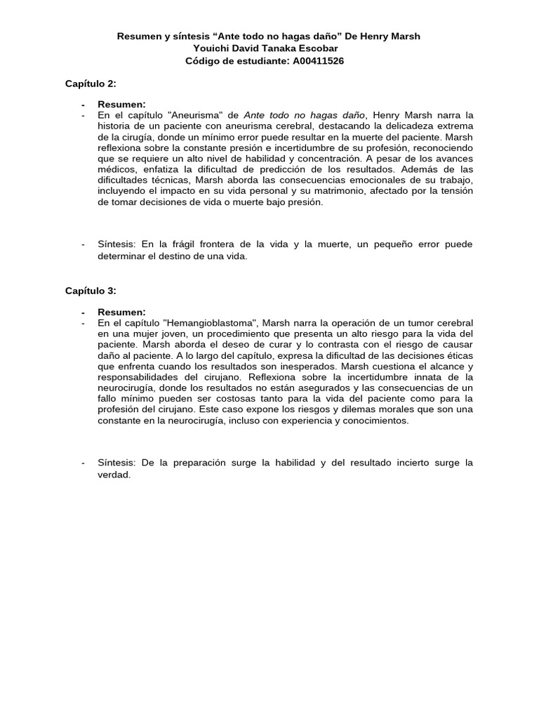 Resumen y Síntesis "Ante Todo No Hagas Daño" de Henry Marsh Youichi ...