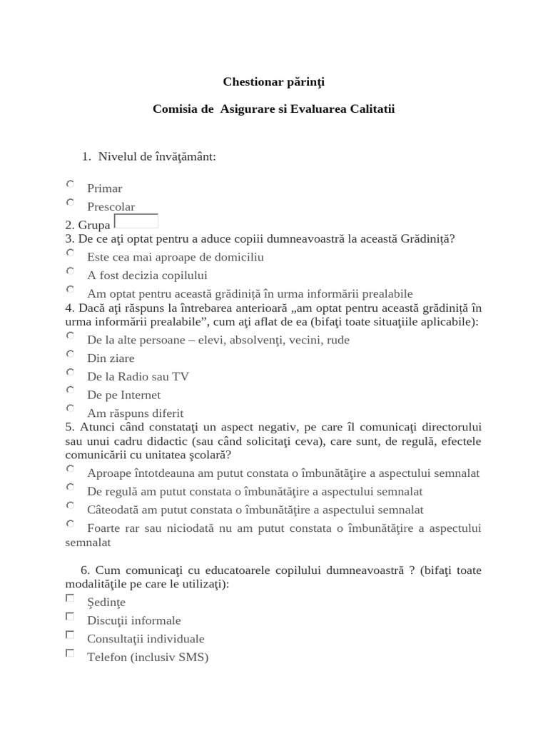 chestionar prescolar aracip | PDF