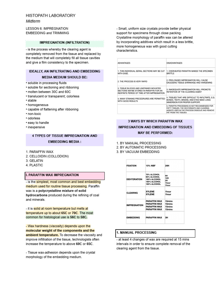 HISTOPATH LAB NOTES clearing, infiltrating, and embedding | PDF