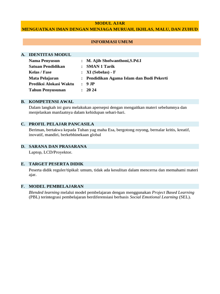 PAI 11 - Bab 7 - Menguatkan Iman Dengan Menjaga Kehormatan, Ikhlas, Malu, Dan Zuhud | PDF