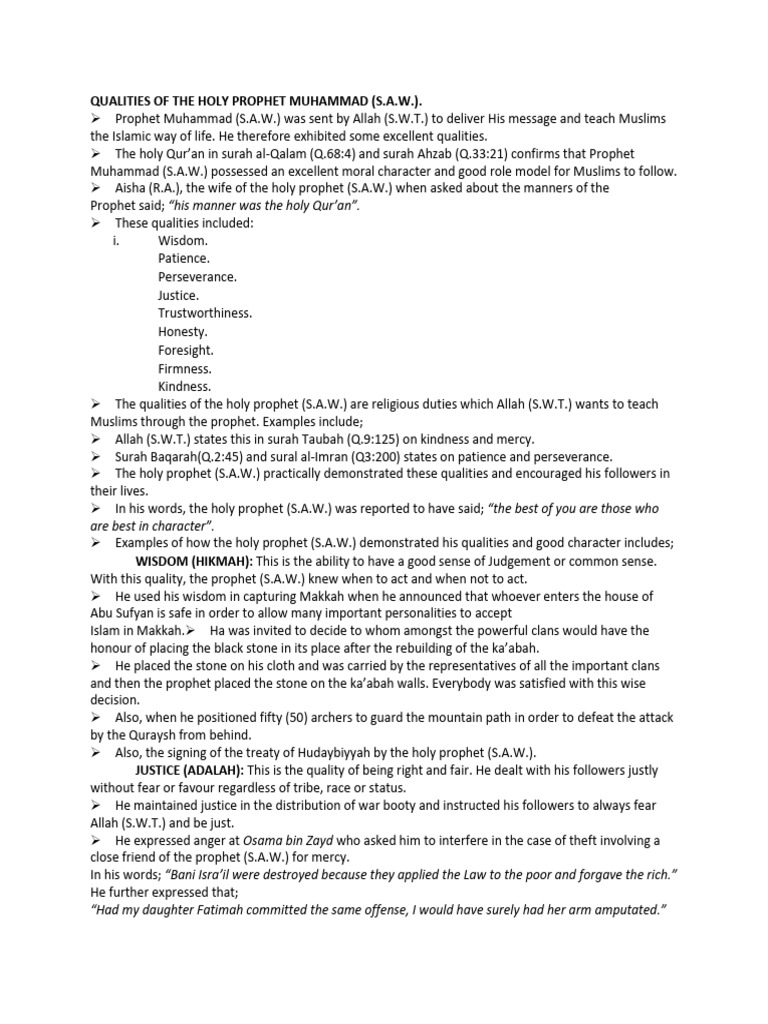 Qualities of The Holy Prophet Muhammad | PDF