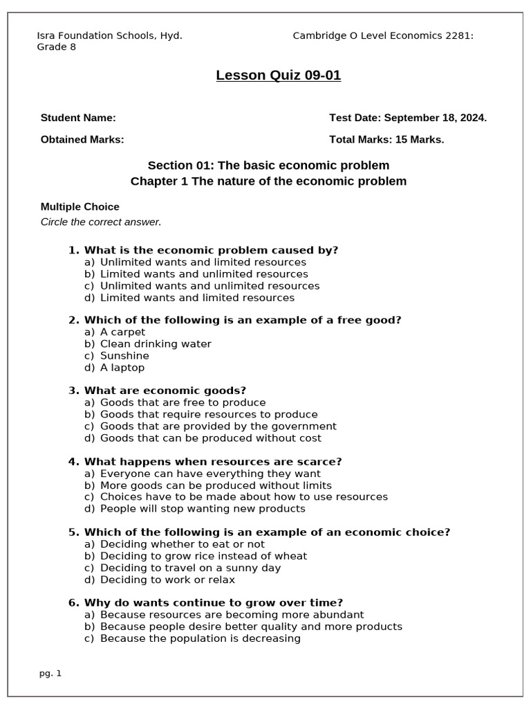 Economics - Chapter 1 - Lesson 1 Quiz | PDF