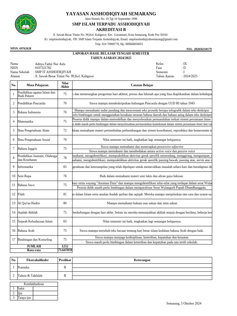 Rapor - STS - Ganjil - Kelas - IX - TA. - 2024.2025 - Semester - 1 | PDF