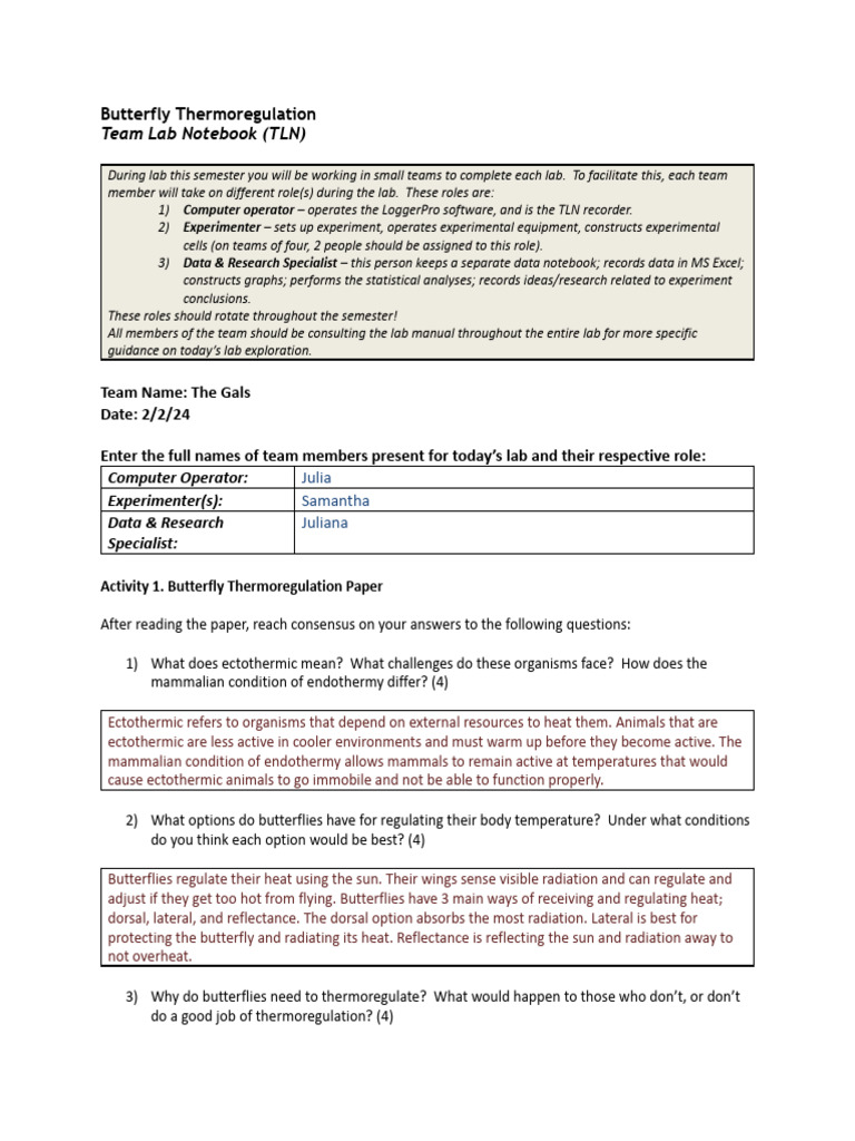 Lab 2 - Butterfly Thermoregulation TLN | PDF