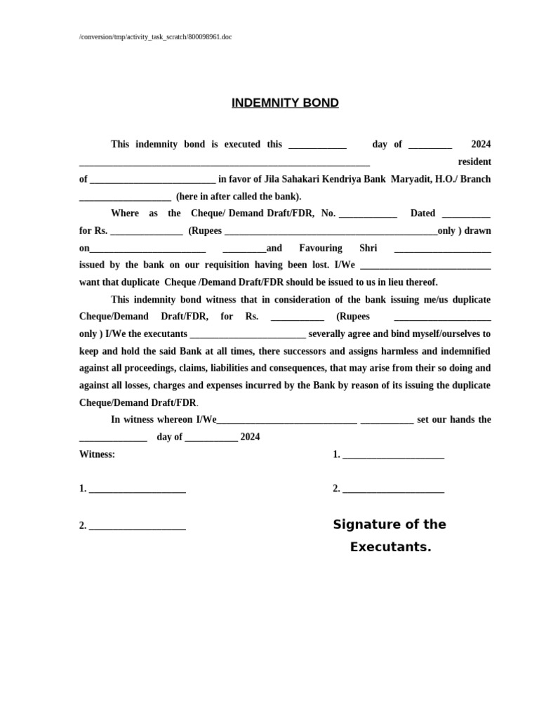 Indemnity Bond | PDF