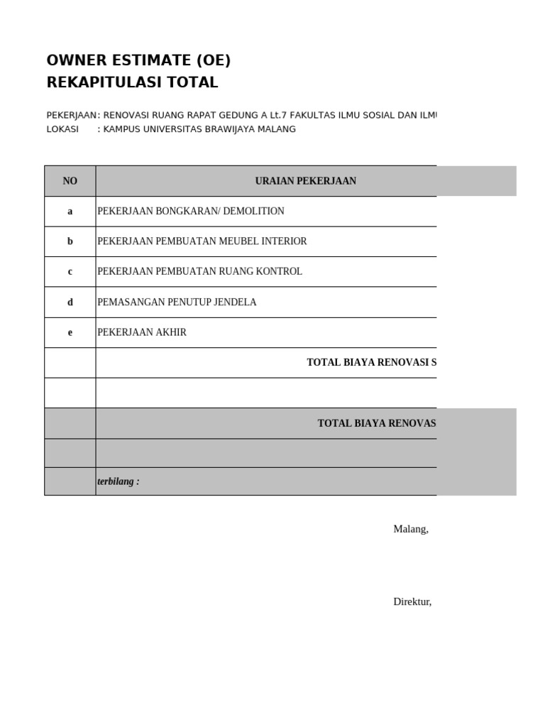 Owner Estimate (Oe) Rekapitulasi Total | PDF