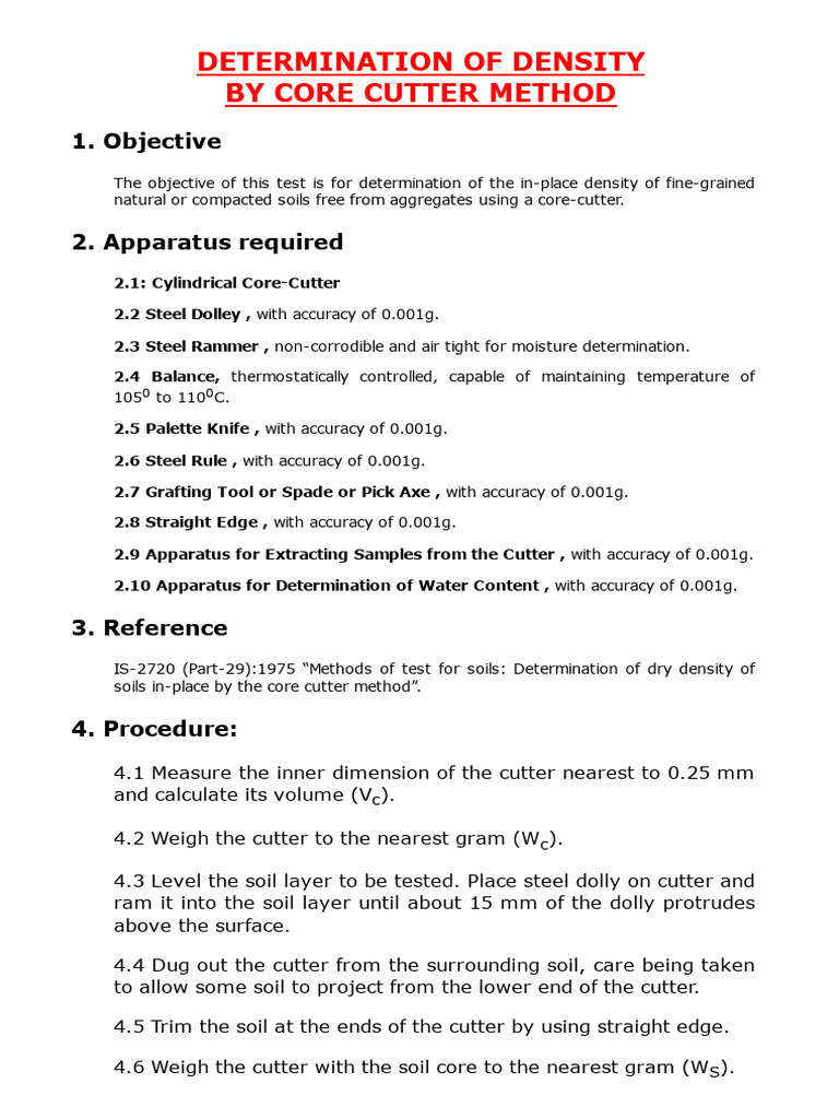Determination of Density by Core Cutter Method | PDF
