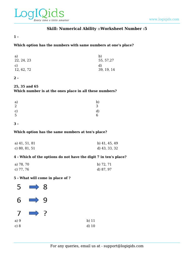 Skill: Numerical Ability::Worksheet Number:5: A) 22, 24, 23 B) 55, 57,27 C) 12, 62, 72 D) 39, 19 ...