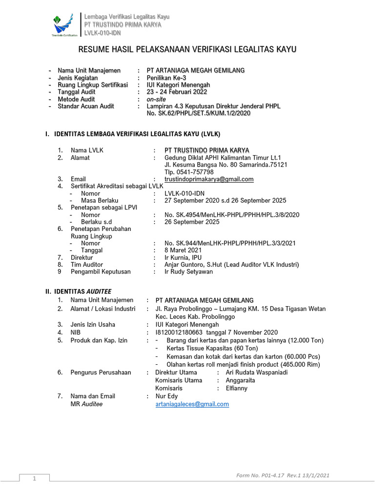 Resume Hasil p3 PT Artaniaga | PDF
