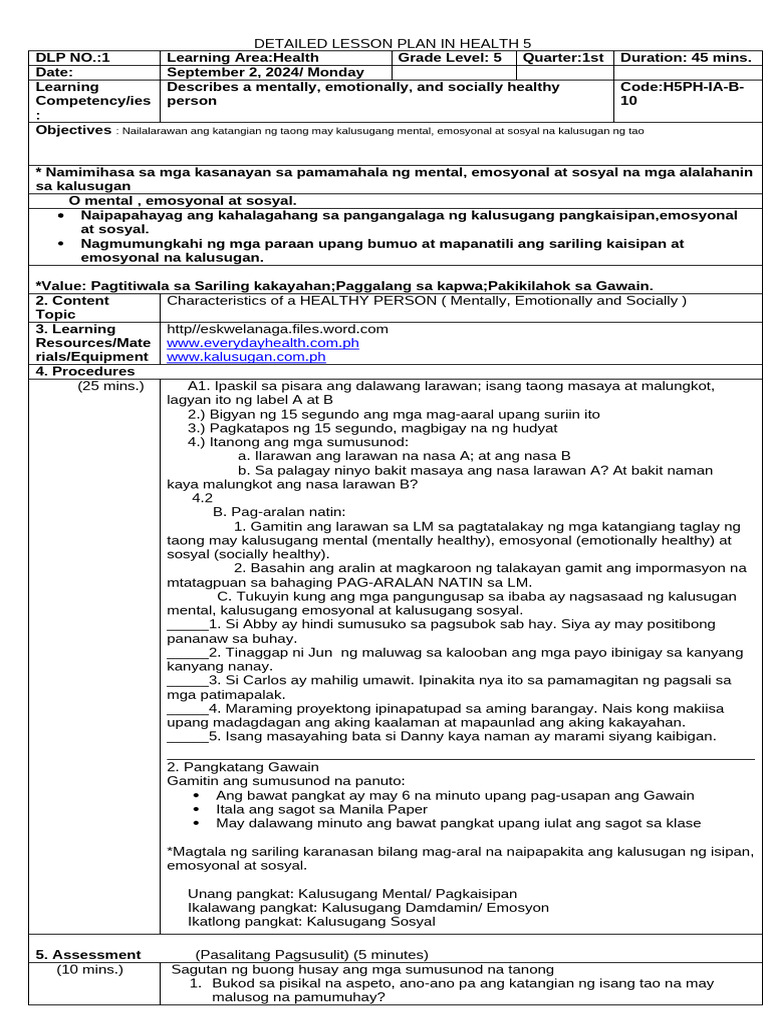 Grade 5 Health Lesson Plan | PDF | Career & Growth | Self-Improvement
