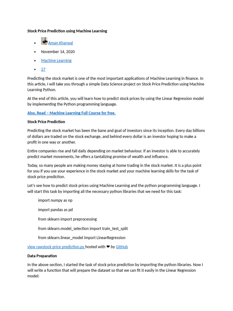 Stock Price Prediction Using Machine Learning | PDF