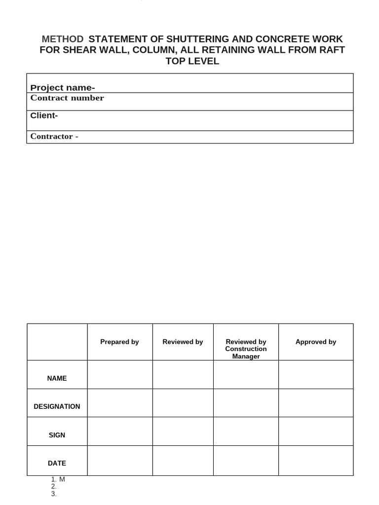 Wall Column All Retaning Wall Shuttering Method Statement | PDF