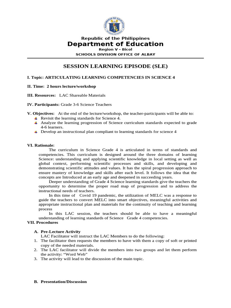 Sle-Articulating Learning Competencies in Science 4 | PDF
