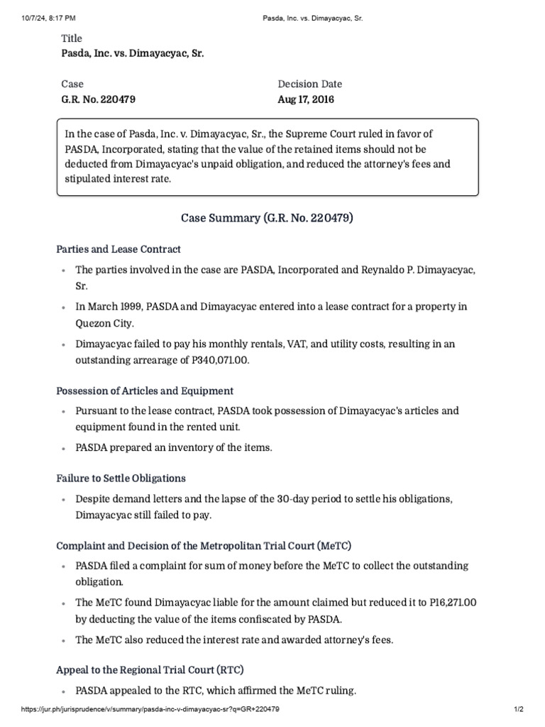 Pasda, Inc. vs. Dimayacyac, SR | PDF