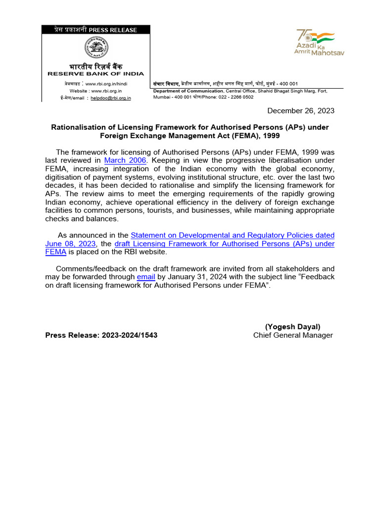Draft - Licensing - Framework FEMA Authorised Persons | PDF