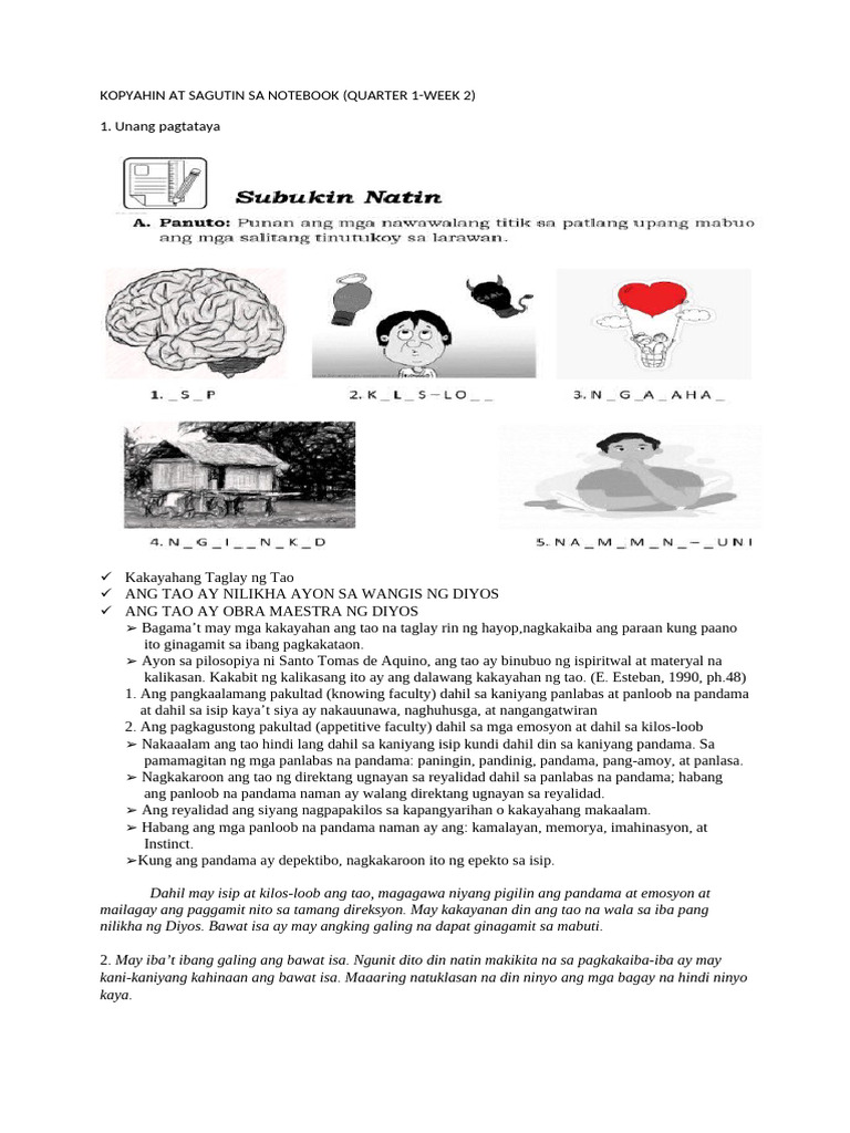 Kopyahin at Sagutin Sa Notebook (Quarter 1-Week 2) 1. Unang Pagtataya | PDF