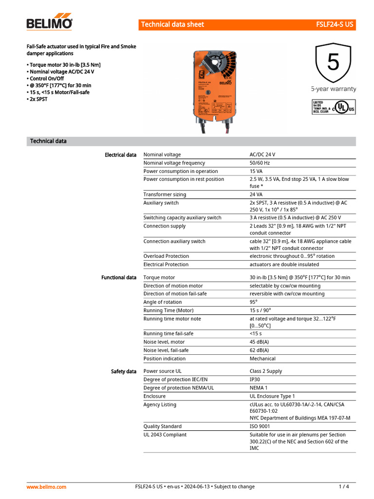 Belimo FSLF24-S US Datasheet En-Us | PDF