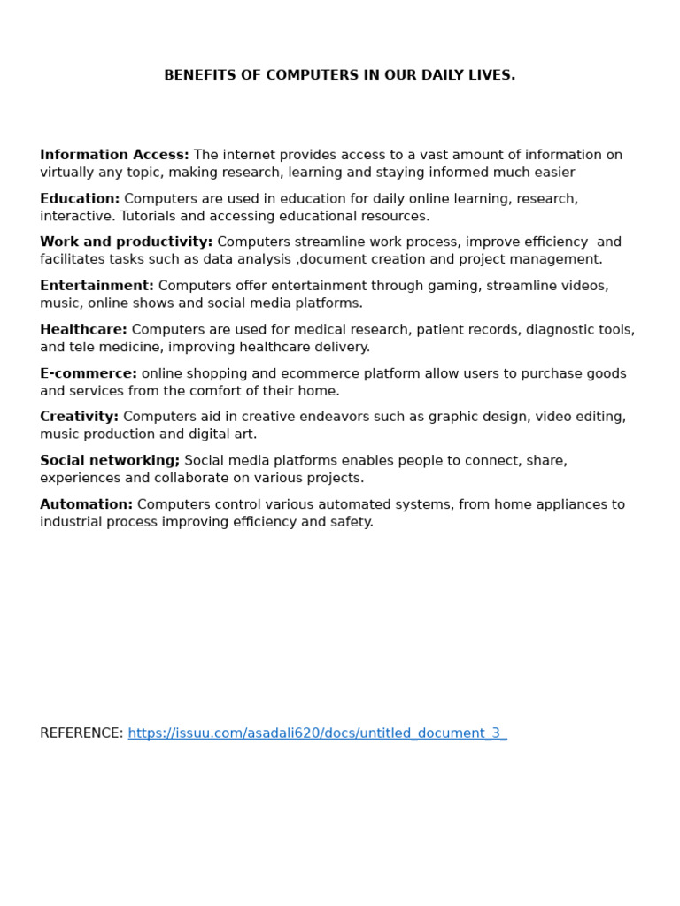 BENEFITS OF COMPUTERS IN OUR DAILY LIVES | PDF