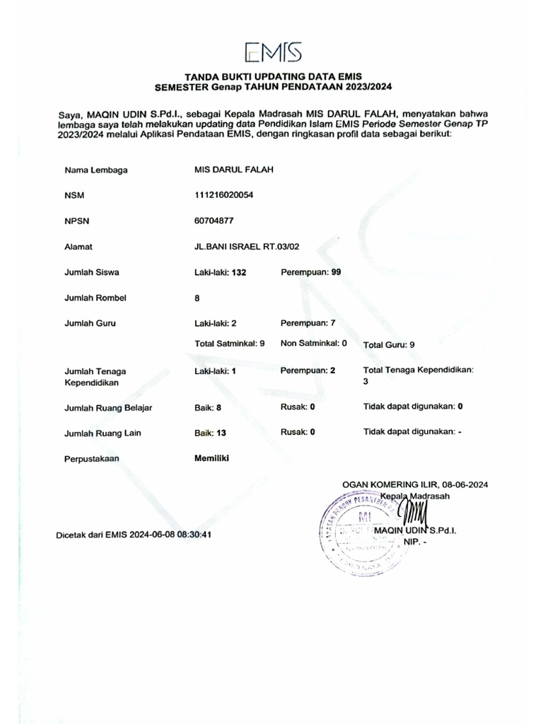 BAP EMIS MI DARUL FALAH KEMANG INDAH | PDF