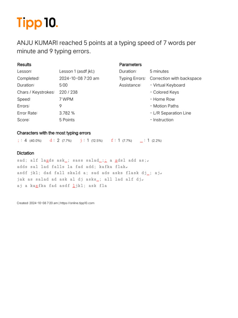 Tipp10 Online Typing Tutor - Training Results | PDF