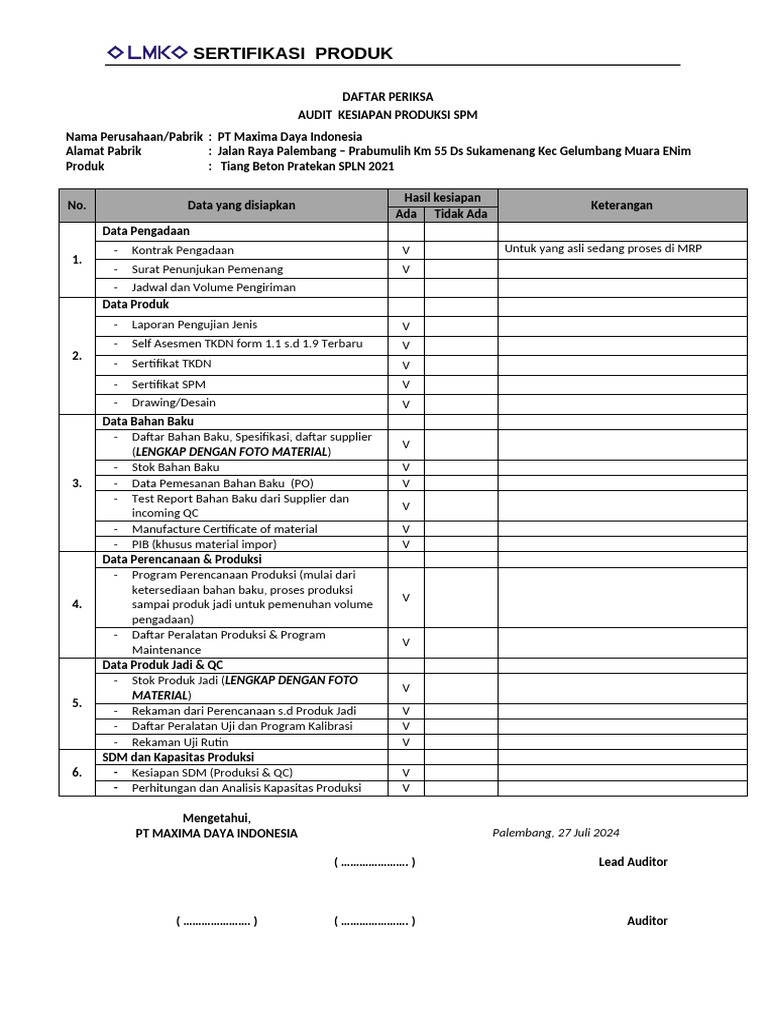 Checklist Audit Kesiapan Produksi SPM | PDF