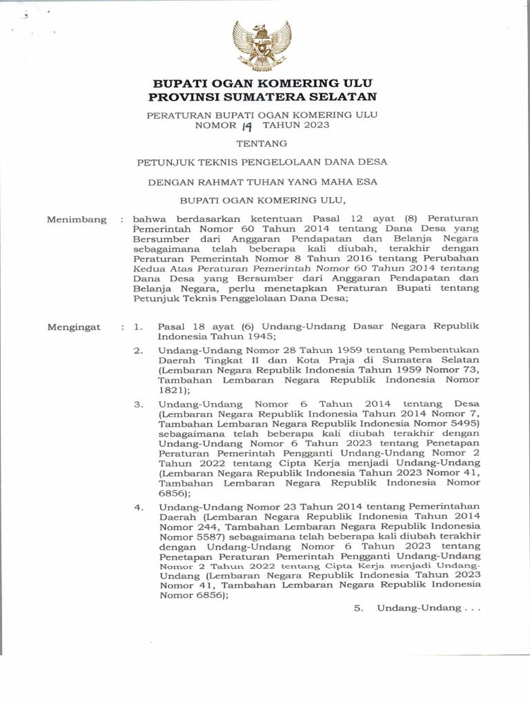 Perbup No. 14 Tahun 2023 Tentang Petunjuk Teknis Pengelolaan Dana Desa | PDF