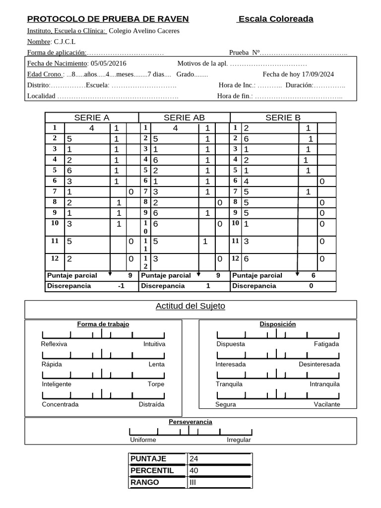 Protocolo Raven Escala Coloreada - Andreita | PDF