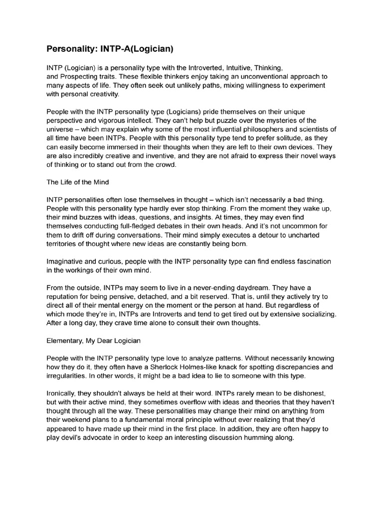 Personality Type INTP-A (Logician) | PDF