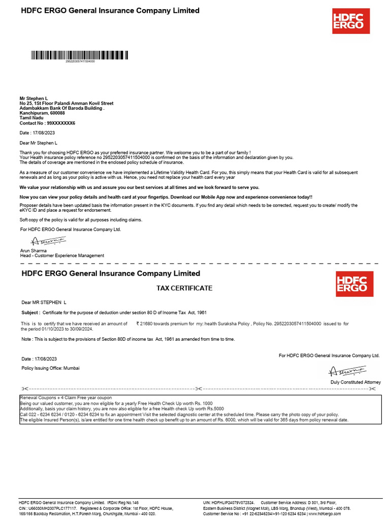 HDFC ERGO Health Insurance Confirmation | PDF | Insurance | Taxes