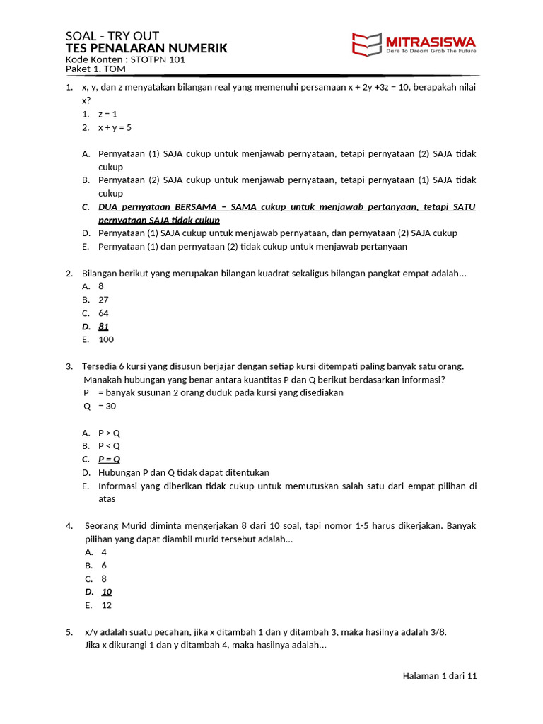 STOTPN 101 - Tes Penalaran Numerik Paket 1 - (Soal) | PDF