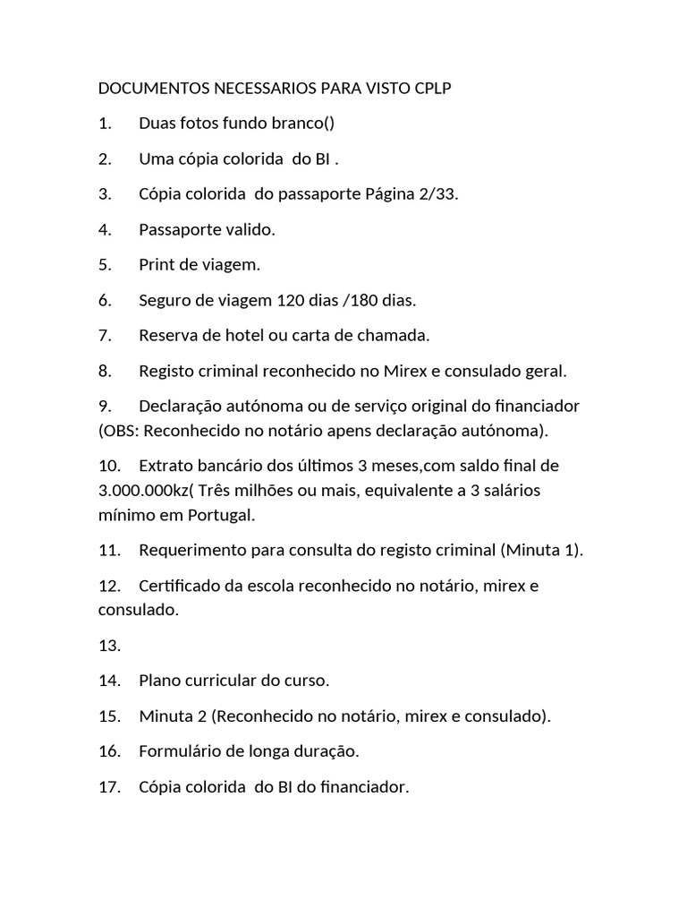 Documentos Necessarios para Visto CPLP | PDF
