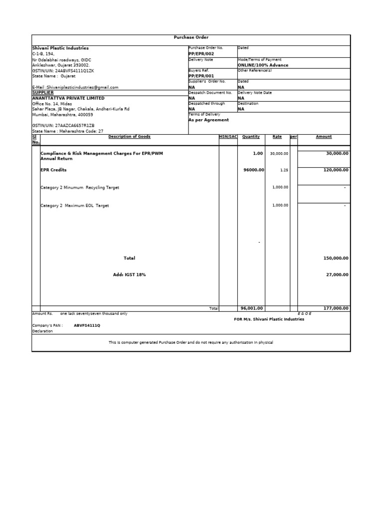 Company Purchase Order Format | PDF