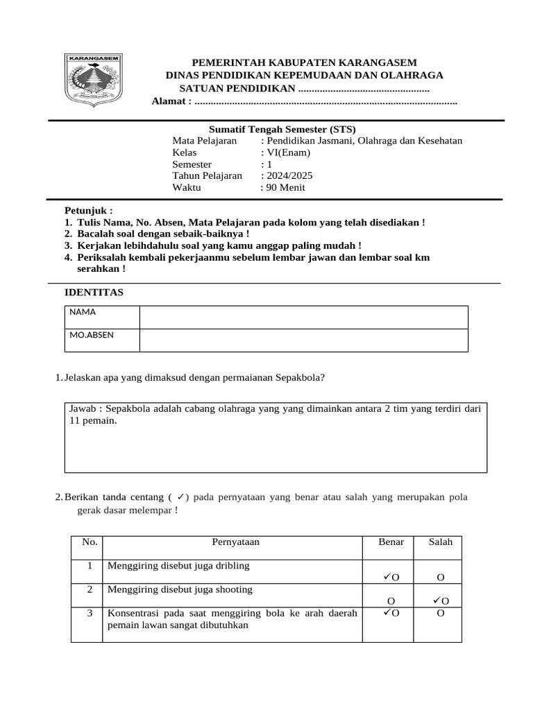 Kunci Jawaban Soal Pts Pjok Ganjil Kelas 6 Tahun Ajaran 2024-2025 | PDF
