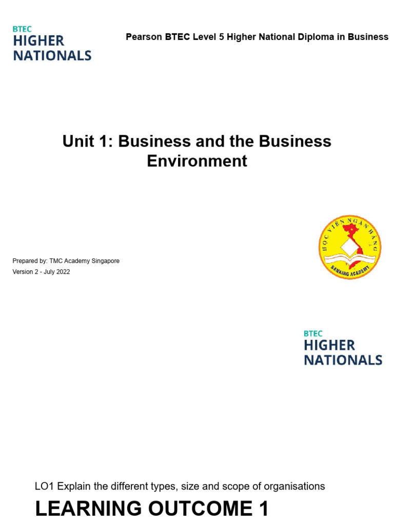 STUDENTS Slides - Unit 1 Business and The Business Environment - Learning Outcome 1 ...
