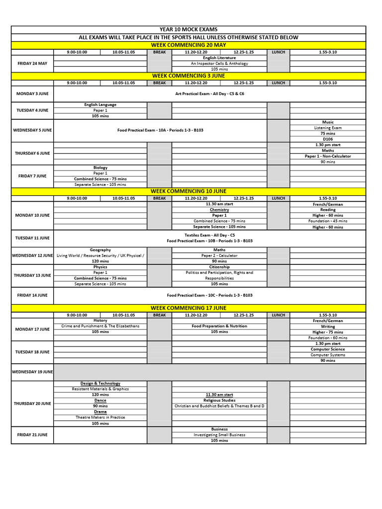 Year 10 Mocks June 2024 Final Timetable | PDF