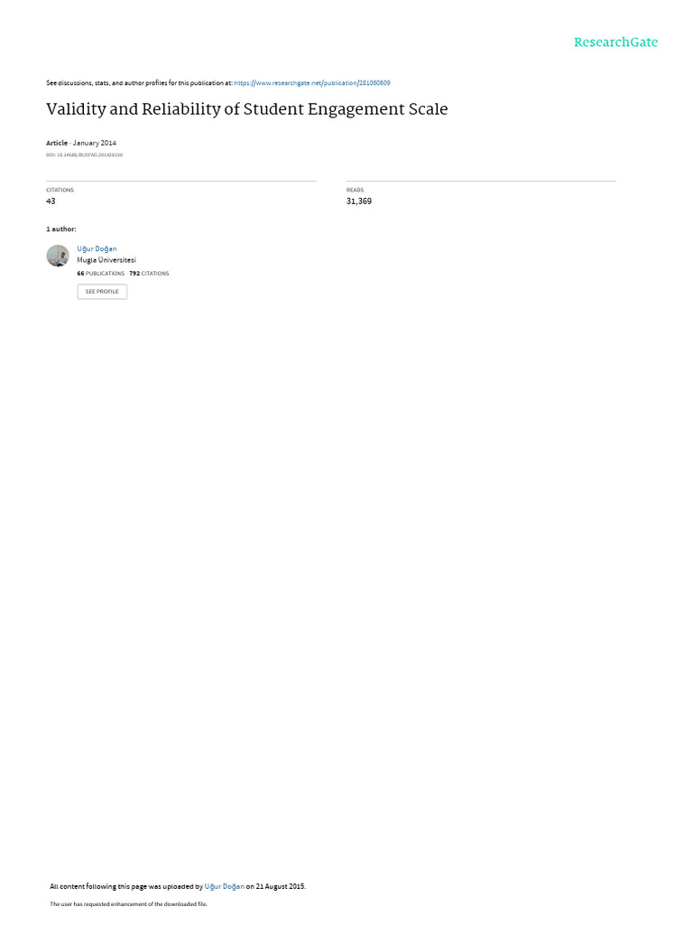 Validity and Reliability of Student Engagement Scale: January 2014 | PDF