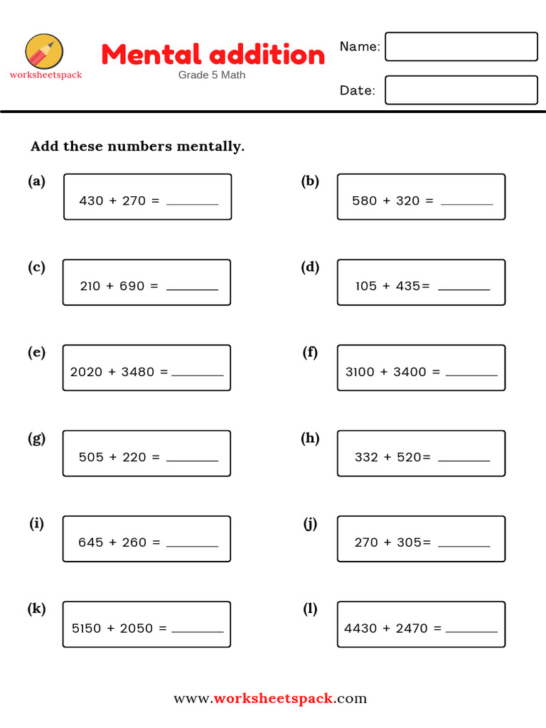 Mental Math Addition For Grade 5 | PDF